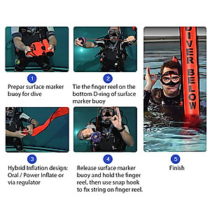 4ft Red Scuba Diving Open Bottom Surface Marker Buoy (SMB) with 49ft Finger Spool Alloy Dive Reel and Double Ended Bolt Clip - Gray