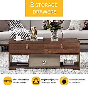 Tangkula Coffee Table with Drawers, Industrial Accent Cocktail Table with 2 Drawers & Open Storage Shelf, Wooden Rectangular Sofa Table for Living Room Home Office (Walnut)