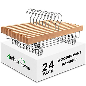 Amber Home 24 Pack Natural Wooden Pants Hangers with Clips, Wood Skirt Hangers Trouser Hangers for Jeans, Slacks, Shorts with 2-Adjustable Clips (Natural, 24 Pack)