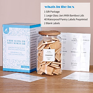 1 Gallon Large Glass Cookie jar with Airtight Acacia lids - Thicken Big Food Storage Containers with 42 Kitchen Waterproof Pantry Labels Preprinted - Clear Glass Canister for Flour, Rice, Coffee