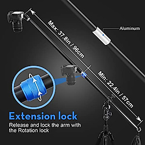KapSnug 22-37 Inch Aluminum Tripod Extension Arm Overhead Camera Mount, Horizontal Retractable Center Column, 360-degree Ball Head, 170-degree Angle Adjustable Arm, Tripod not Included