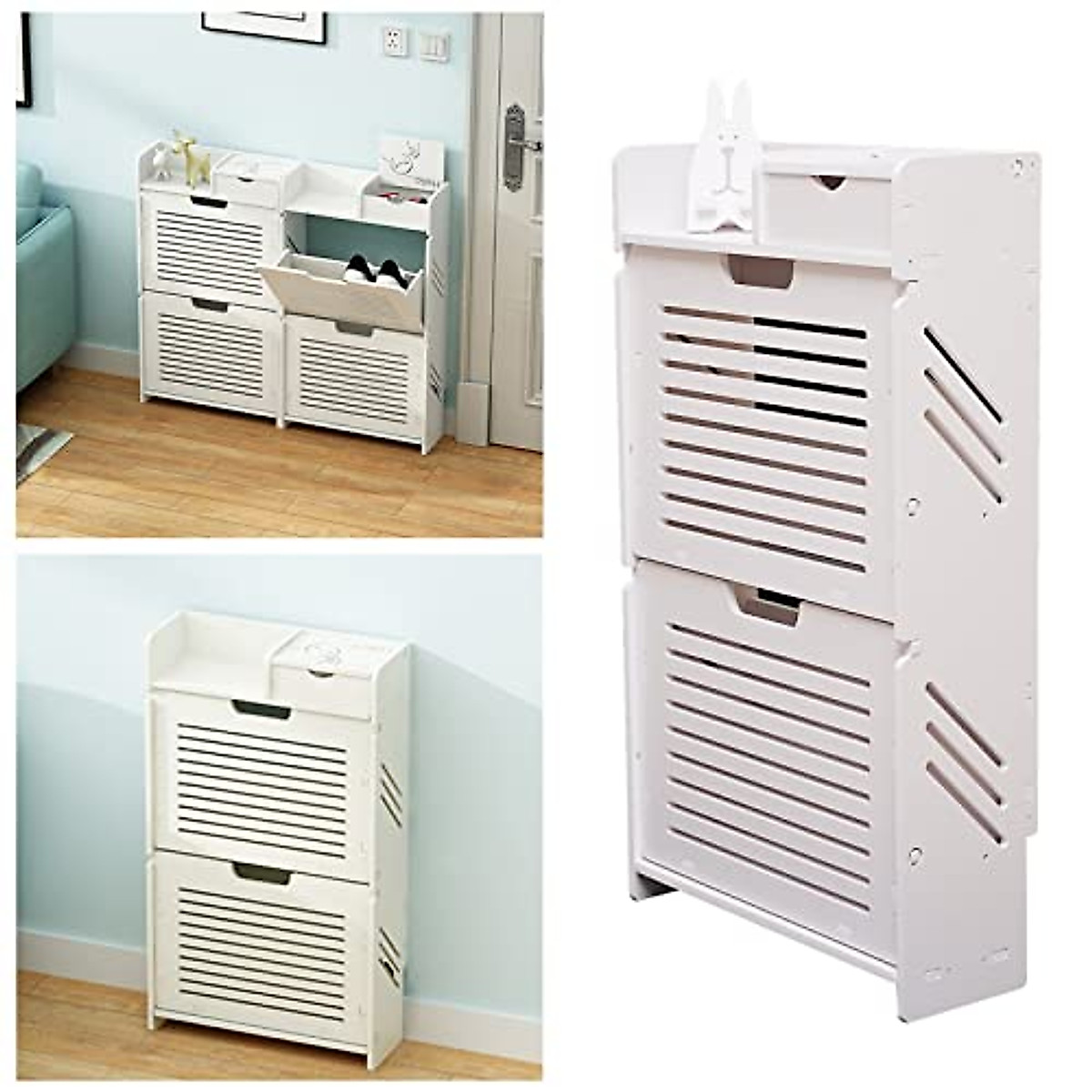 KIOPOWQ Shoe Rack, 2 Tier Shoe Tipping Cabinet Shoe Cabinet for Entryway Portable Shoe Rack Storage Organizer with Top Storage, Drawer for Closet, Entryway, Bathroom, White