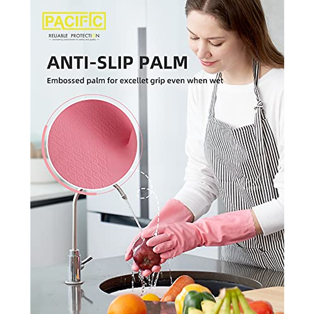 PACIFIC PPE Dishwashing Cleaning Gloves, Reusable Unlined Kitchen Gloves, Non-Slip, Medium