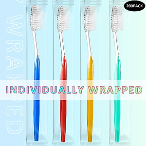 Disposable Toothbrushes Individually Wrapped Toothbrushes Medium Soft Bristle Tooth Brush Manual Disposable Travel Toothbrush Set for Adults Kids Travel Toiletries, 4 Colors (200 Pieces)