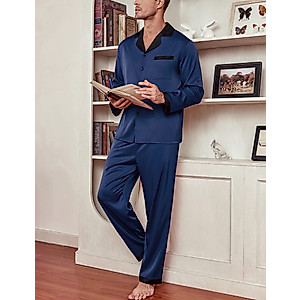 Ekouaer Men's Silk Pajama Set Long Satin Loungewear 2 Piece Pjs Classic Button Down Sleepwear Navy Blue
