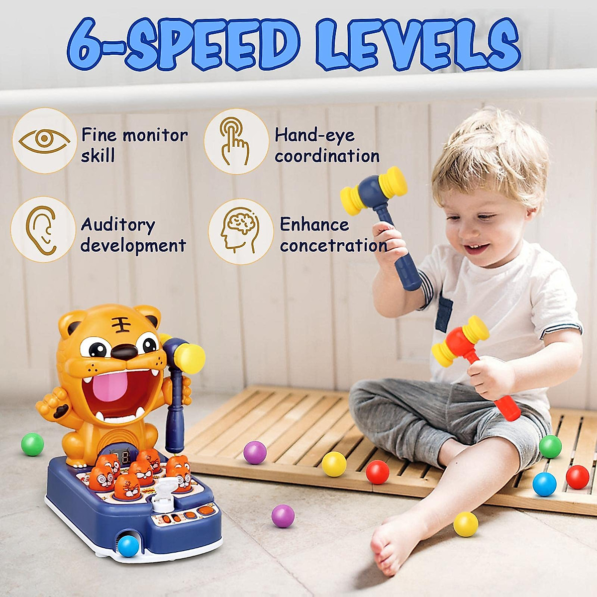 KooQii Whack A Mole Game Toddler Toys with Toy Gun and 2 Hammers Interactive Game for Hammering & Pounding,Target Shooting Early Developmental Fun Gift for 2-3 4 5 6 7 8 Year Old Boys and Girls