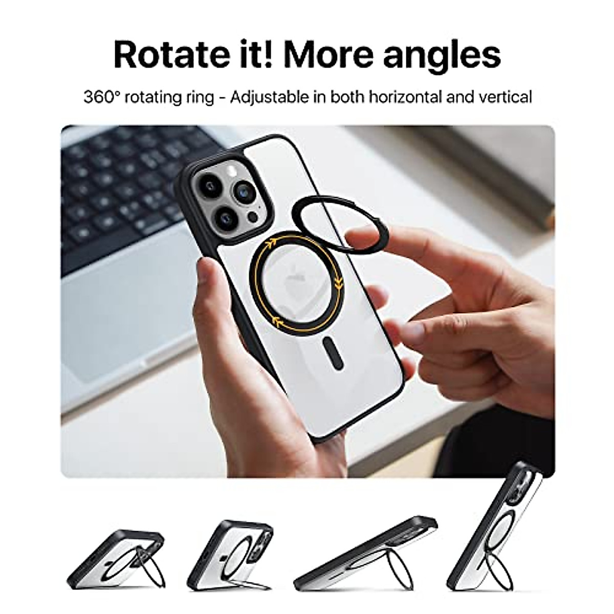 andobil Designed for iPhone 14 Pro Case - Compatible with Magsafe - 360° Rotatable Ring Stand - Shockproof Kickstand Slim Thin Phone Case for iPhone 14 Pro - [2023 EasyRelax Series] - Clear