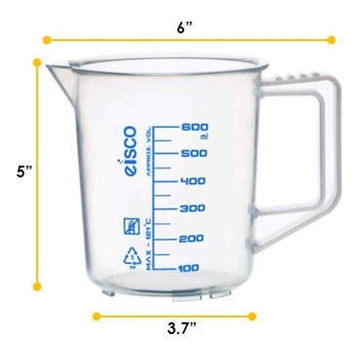 EISCO Measuring Jug, 600ml - Polypropylene - Screen Printed Graduations, Spout & Handle for Easy Pouring - Excellent Optical Clarity