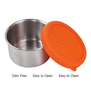 kilofly 3-Piece BPA Free Leak Proof Reusable Round Eco to Go Stainless Steel Food Storage Container with Silicone Lid for Dip Condiment Salad Dressing Meal Prep Snack Lunch, 3.4-Ounce Orange