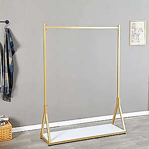 Ethemiable Clothing Store Modern Rolling Clothing Display Stands with Wheels,Storage Shoe Bag Pipe Shelf,Organization Garment Rack,Home Clothes Hanging Shelves（Gold with Wood Board, 47.2" L）