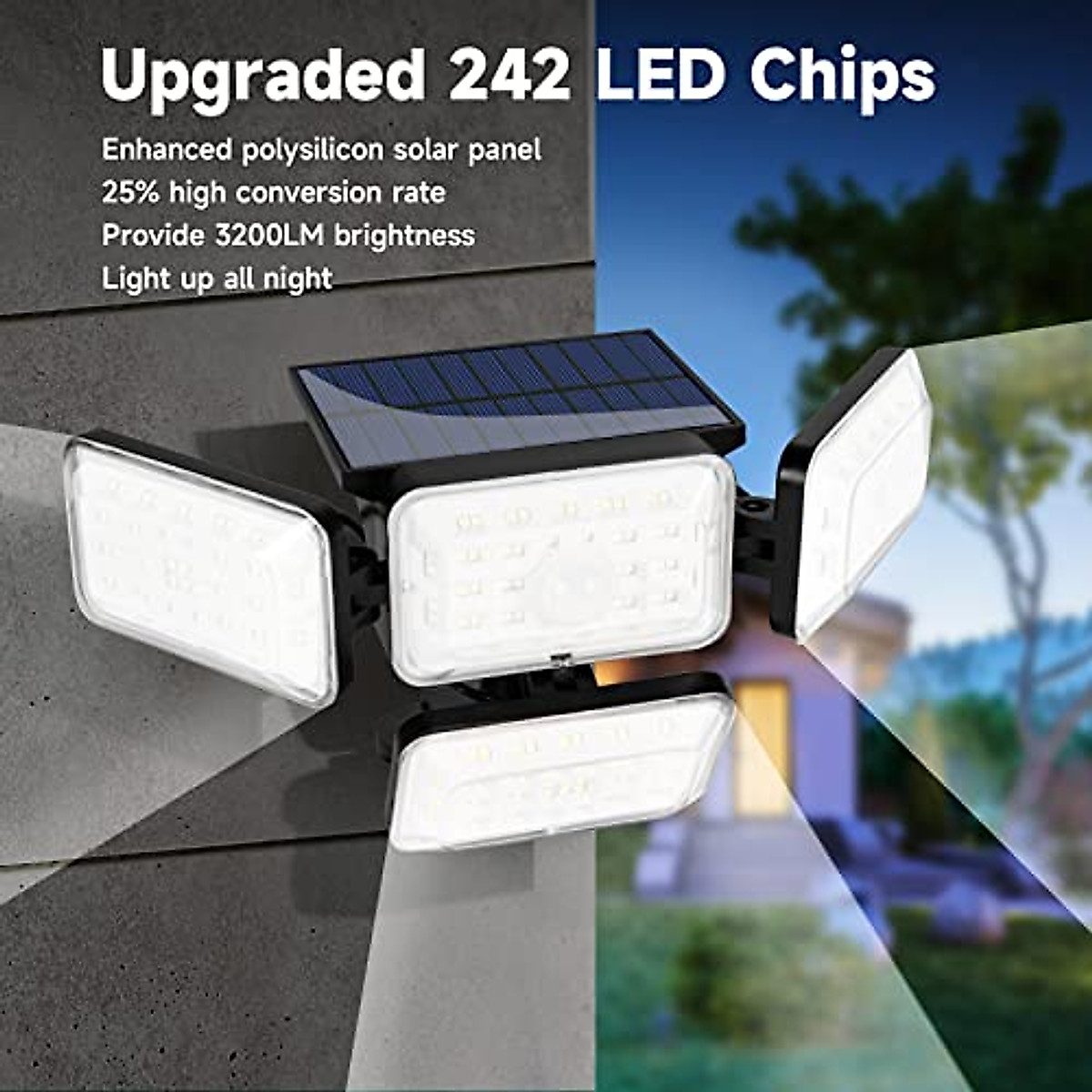 FINPYFEI Solar Outdoor Lights, 242 LED 3200LM Waterproof Solar Motion Sensor Lights, 4 Adjustable Heads, 330° Wide Angle, Security LED Flood Light for Yard Patio Garden Pathway Porch, 2 Pack