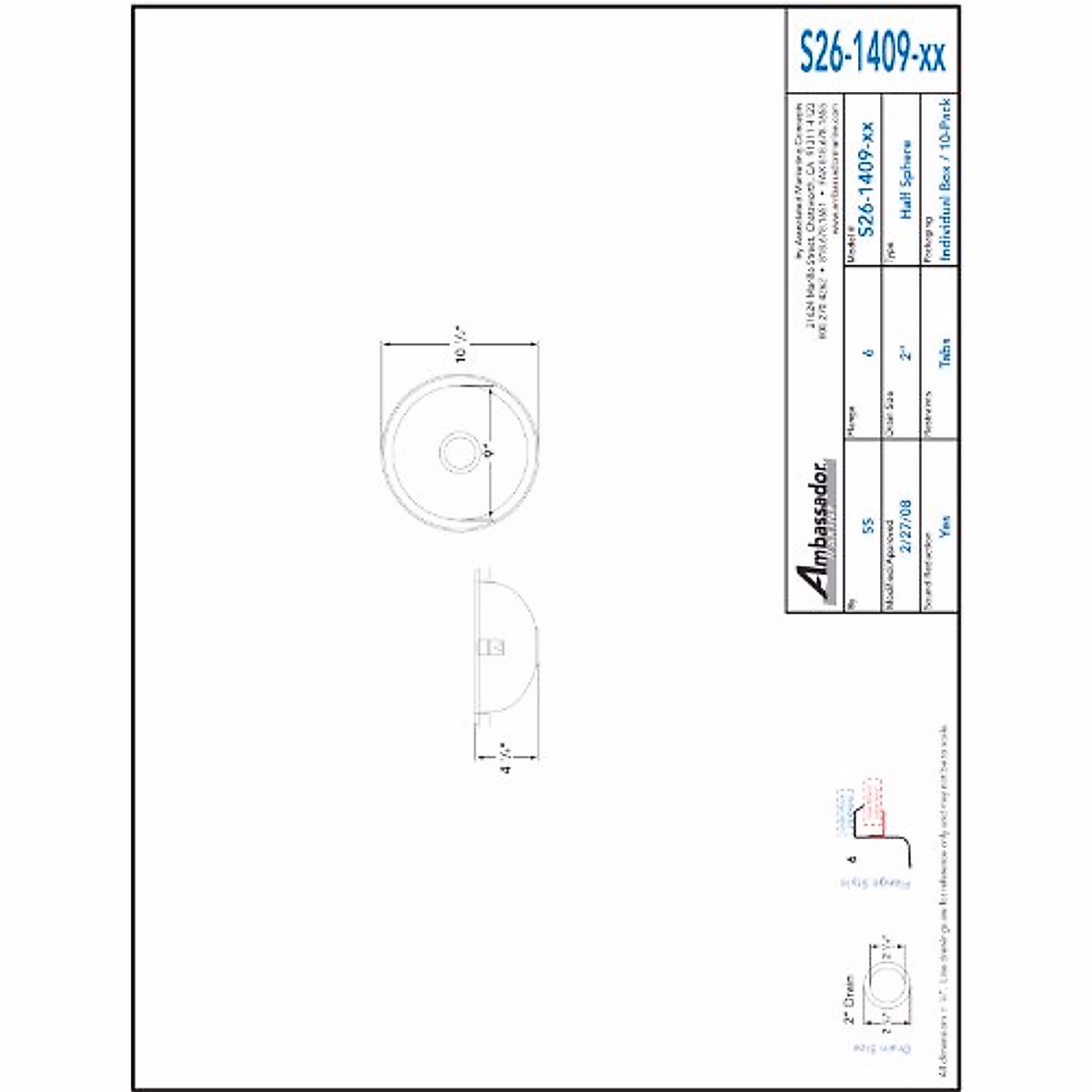 Ambassador Marine Half Sphere Stainless Steel Brushed Finish Sink, 9 1/2-Inch Wide x 4 3/4-Inch Deep