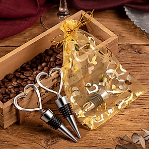 50 Pieces Heart Shaped Wine Stopper Wedding Favors for Guests Love Beverage Bottle Stopper with 50 Pieces Golden Organza Bags for Engagement Souvenir Gifts Bridal Shower Party Supplies