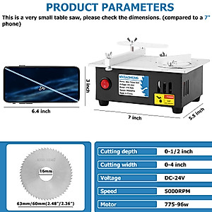 MXBAOHENG Mini Table Saw S2 Portable Precision Table Saws for Crafts, 1/2" Cut Depth, w/ 4 Blades, 96W Adjustable Speed Power Supply, for Wood Metal Plastic Cutting