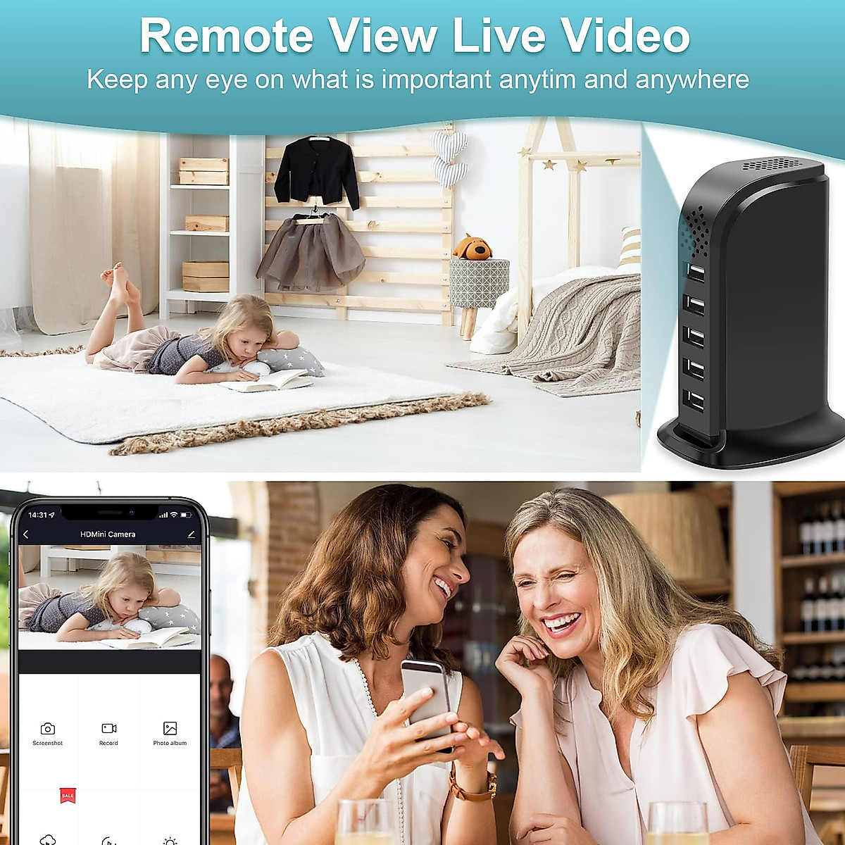 Hidden Camera WiFi USB Charger Spy Camera 5-Port Phone Charger Camera Wireless 1080P HD Security Cameras with Motion Detection, APP Control for Home/Office Surveillance, No Audio