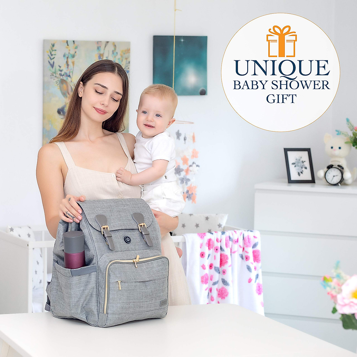 OOPSABABY Diaper Bag Backpack with Cleaning Lights; connect to juice pack or wall adapter; Designer Gray with Rose Gold Hardware Diaper Bag Organizer for Baby Boy or Girl