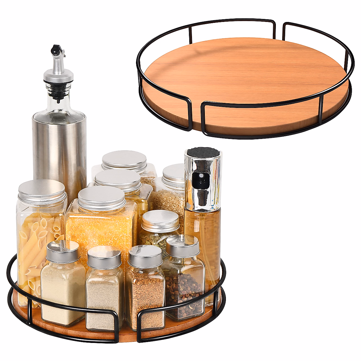 Set of 2, 10 Inch Lazy Susan Organizer - Non-Skid Wood Turntable Organizer for Cabinet, Pantry, Kitchen Countertop, Refrigerator, Spice Rack