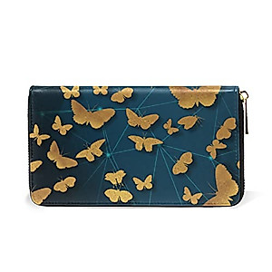 Seamless Golden Gold Butterflies on Abstract Blue Background Leather Long Wallet Organizer with Zipper Purse Clutch Bag for Women Men