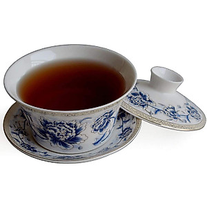 Eplze YBK Tech 10oz Large Gaiwan, Porcelain Kung Fu Tea Cup with Saucer and Lid, Chinese Traditional Gaiwan, Sancai Tea Bowl (4#)