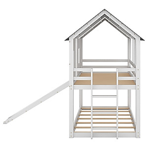 Bunk Bed Twin Over Twin, Twin Bunk Beds with Slide and 3 Steps Ladder, Wood House Bunk Bed, Low Bunk Beds Twin Over Twin for Girls, Boys and Teens
