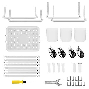 LEHOM 3-Tier Rolling Utility Cart with Hanging Cups & Hooks & Handle, Plastic Art Cart Organizer Storage with Wheels, Easy Assembly for Office, Bedroom, Kitchen, Bathroom, Laundry (White)