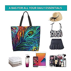 Qaxcdmky Peacock Feather Tote Bag Large Shoulder Bag Casual Reusable Handbag For Women Shopping Grocery Work