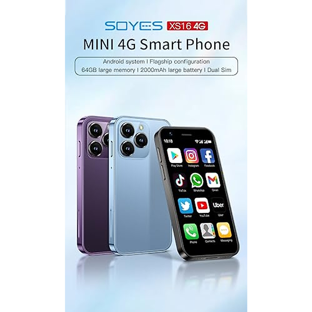 Mini Smartphone Android 10.0 SOYES XS16 4G Stundent Cellphone 5MP 2000mAh 3inch WiFi Bluetooth Handheld Sized Backup Small Mobile Phone Gift for Kid (2GB RAM 16GB ROM, Purple)