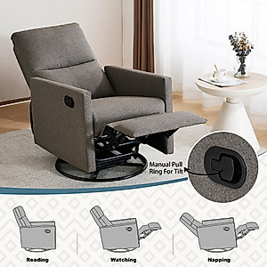 Ketaiyou Swivel Rocking Recliner Chair for Adults, Rocker Nursery Glider Chair for Living Room Bedroom, Upholstered Fabric Reclining Single Sofa Chair(Grey)