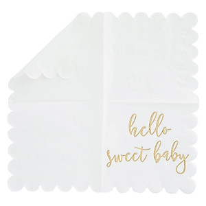 Juvale 50 Pack White Scalloped Baby Shower Napkins for Girls and Boys, Gold Foil Hello Sweet Baby Decorations (5 x 5 In)