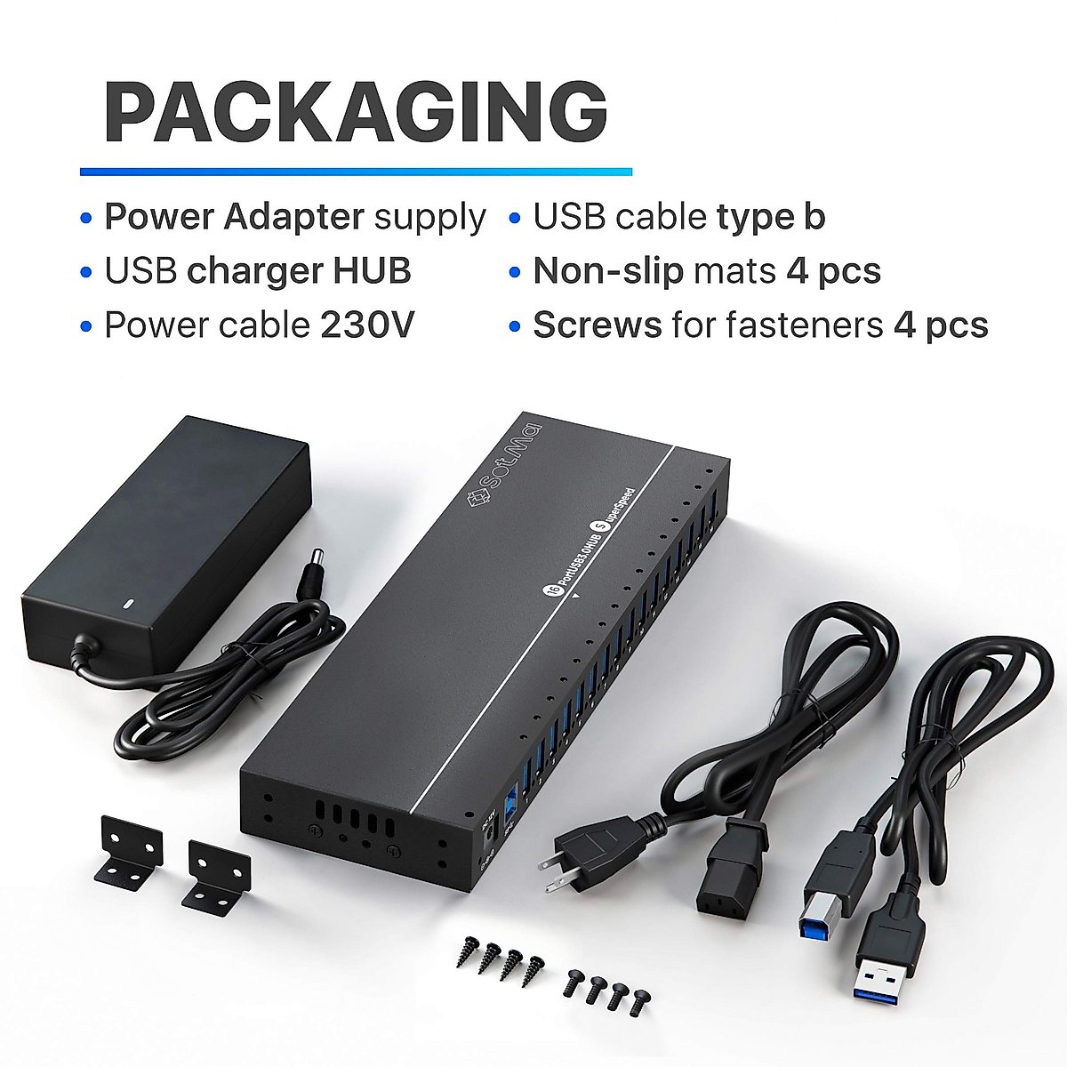 Multi-Safety Protection USB Splitter - 16 Port Powered USB Hub 3.0 with AC Adapter (12V / 10A) - Aluminium USB 3.0 Hub with LEDs - High Speed - Hub for Multiple Devices - Powered USB 3.0 Hub
