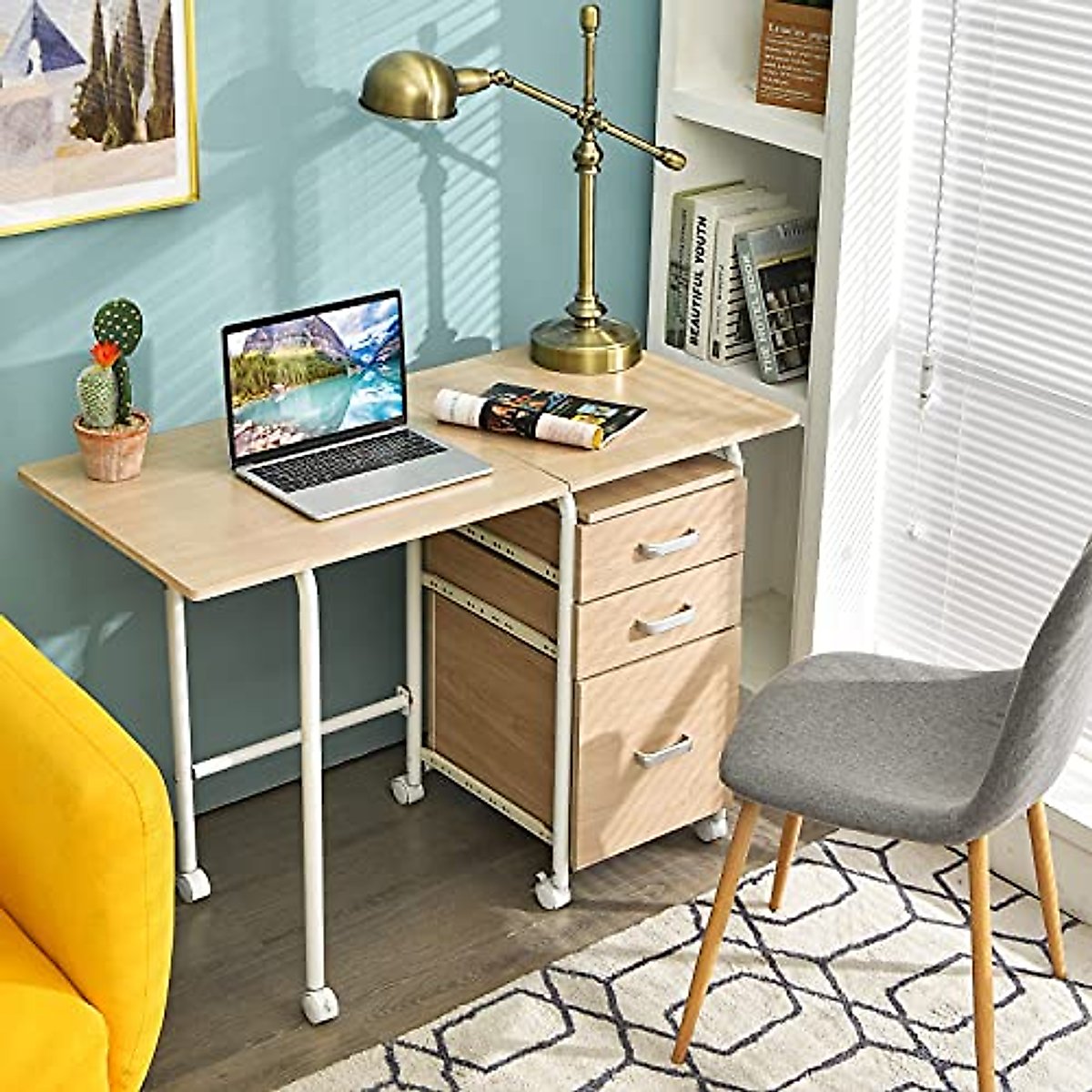 Tangkula Folding Computer Desk with 3 Storage Drawers, Mobile Home Office Desk Study Writing Desk with Smooth Wheels, Space Saving Compact Desk for Dorm Apartment, Rolling Folding Desk Table