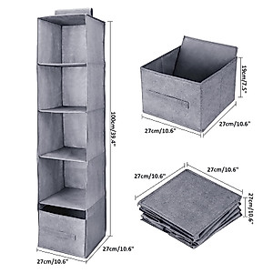 AHXNBDR Hanging Closet Organizers with Drawers, Cloth Hanging Shelves Space Saver, 5 Shelf Collapsible Hanging Closet Shelves with 1 Drawer 10.6”W x 10.6”D x 40”H