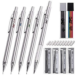 Mr. Pen- Metal Mechanical Pencil Set with Lead and Eraser Refills, 5 Sizes, 0.3, 0.5, 0.7, 0.9, 2mm, Drafting, Sketching, Architecture, Drawing Mechanical Pencils, Metal Mechanical Pencils