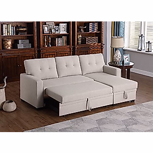 ACQCA 82" L-Shape Sleeper Sectional Sofa with Storage Chaise and Pull-Out Bed,Convertible Couch for Living Room,Apartment,Office,Beige