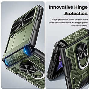 Caka for Galaxy Z Flip 3 Case, Z Flip 3 Case with Camera Cover, Hinge Protection& Kickstand with Built-in 360°Rotate Ring Stand Magnetic Protective Phone Case for Samsung Galaxy Z Flip 3 -Green