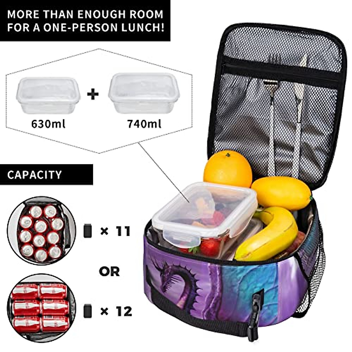 wsrgvab Dragon Fantasy Purple Portable Lunch Box Bag Insulated Reusable Lunch Tote For Men And Women