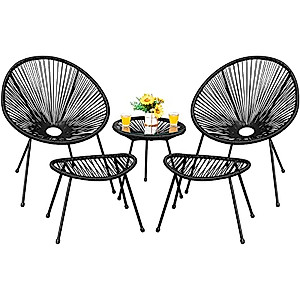 Devoko 5 Piece Outdoor Furniture Set Acapulco Modern All-Weather Conversation Set, 2 Chairs and 1 Glass Table with 2 Footrest for Indoor, Patio, Lawn, Garden, Poolside (Black)
