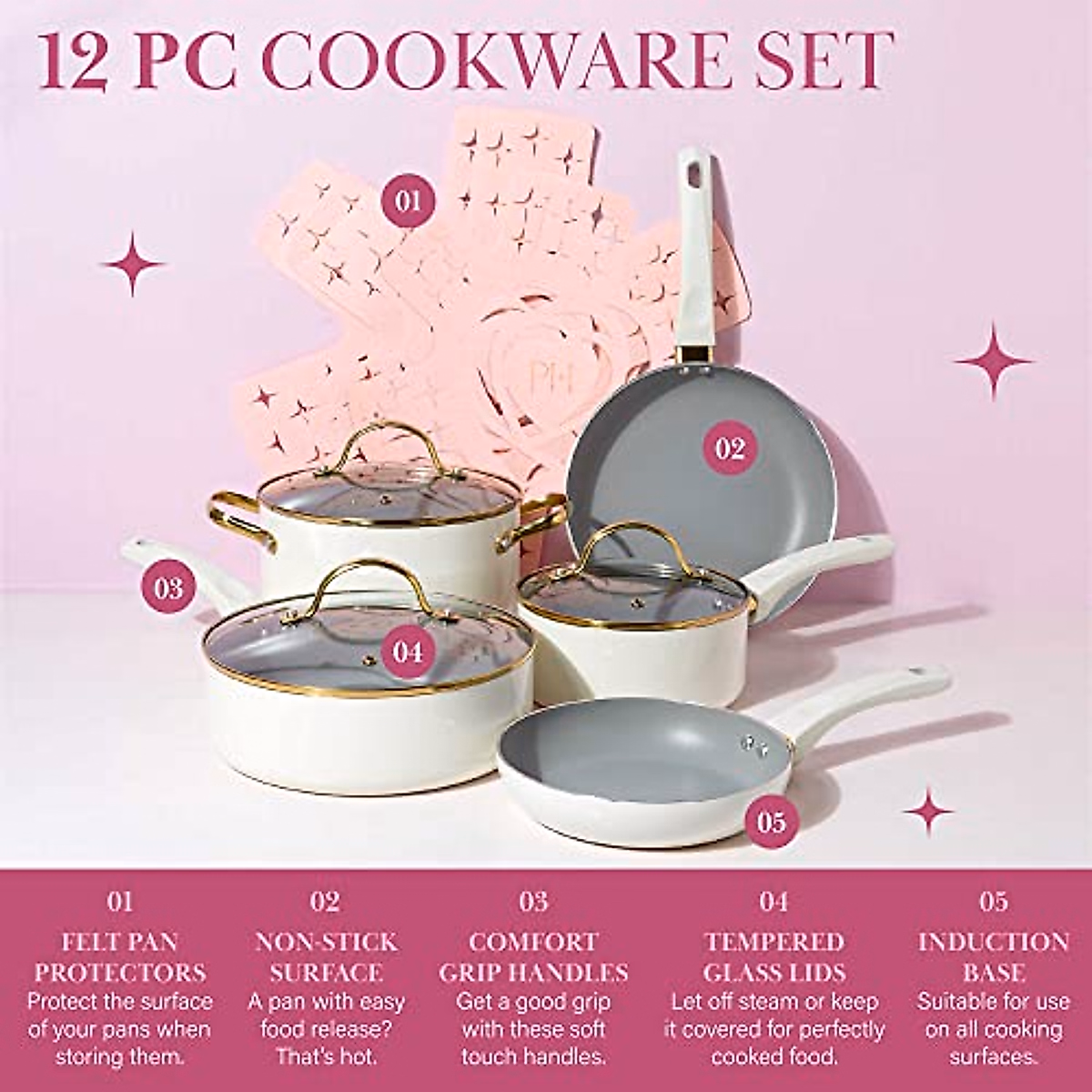 Paris Hilton Epic Nonstick Pots and Pans Set, Multi-layer Nonstick Coating, Tempered Glass Lids, Soft Touch, Stay Cool Handles, Made without PFOA, Dishwasher Safe Cookware Set, 12-Piece, Cream