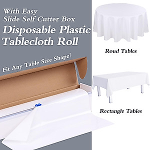 Kesfey White Plastic Tablecloth Roll 54 inch X 120ft White Premium Disposable Plastic Table Cloth Roll with Easy Slide Self Cutter Box- Cut to Any Size Disposable Tablecloth for Picnic Birthday Party