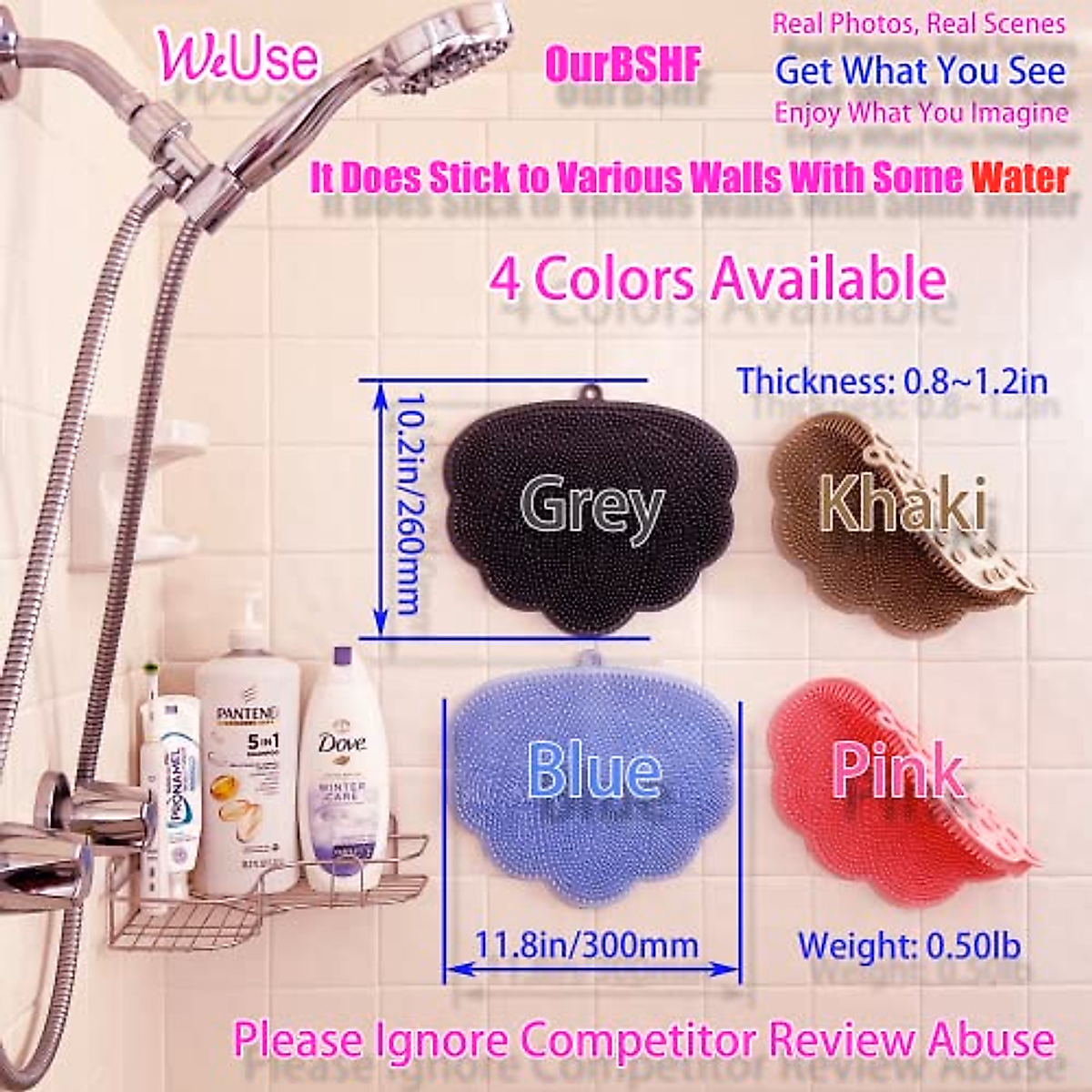WeUse OurBSHF Back Scrubber Hands-Free for Shower. Easy to Clean Big Flat Silicone Back Washer Foot Massager Body Brush Replace Loofah Sponge. Stick to Wall to Scrub, Hang on Hook to Dry (Pink)
