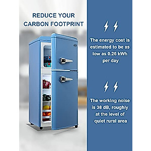 KRIB BLING Refrigerator with Freezer 3.5 Cu.Ft with 7 Level Adjustable Thermostat Control 2 Door Energy Saving Top-Freezer Compact Refrigerator Blue