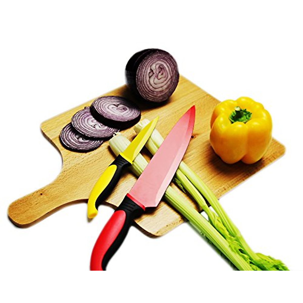 Kitchenson 3CR14 Stainless Steel Nonstick Multi-Color Professional Cutlery Set with 5 knives and 1 Clear Acrylic Stand 8.25” x 8.5”, Red, Pink, Orange and Yellow, 6 Piece Total