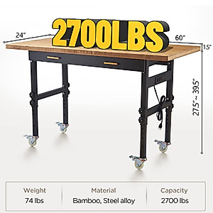 60" Height Adjustable Work Bench Table with Storage, Drawers, Wheels, Power Outlet - Heavy-Duty Garage Work Benches, 2700 LBS Load Capacity Wood Top Workbench for Workshop, Office, Home