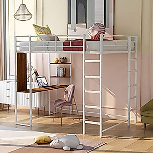 GINGVAT Full Size Metal Loft Bed with 2 Shelves and one Desk, Ladder and Safety Guardrail, White