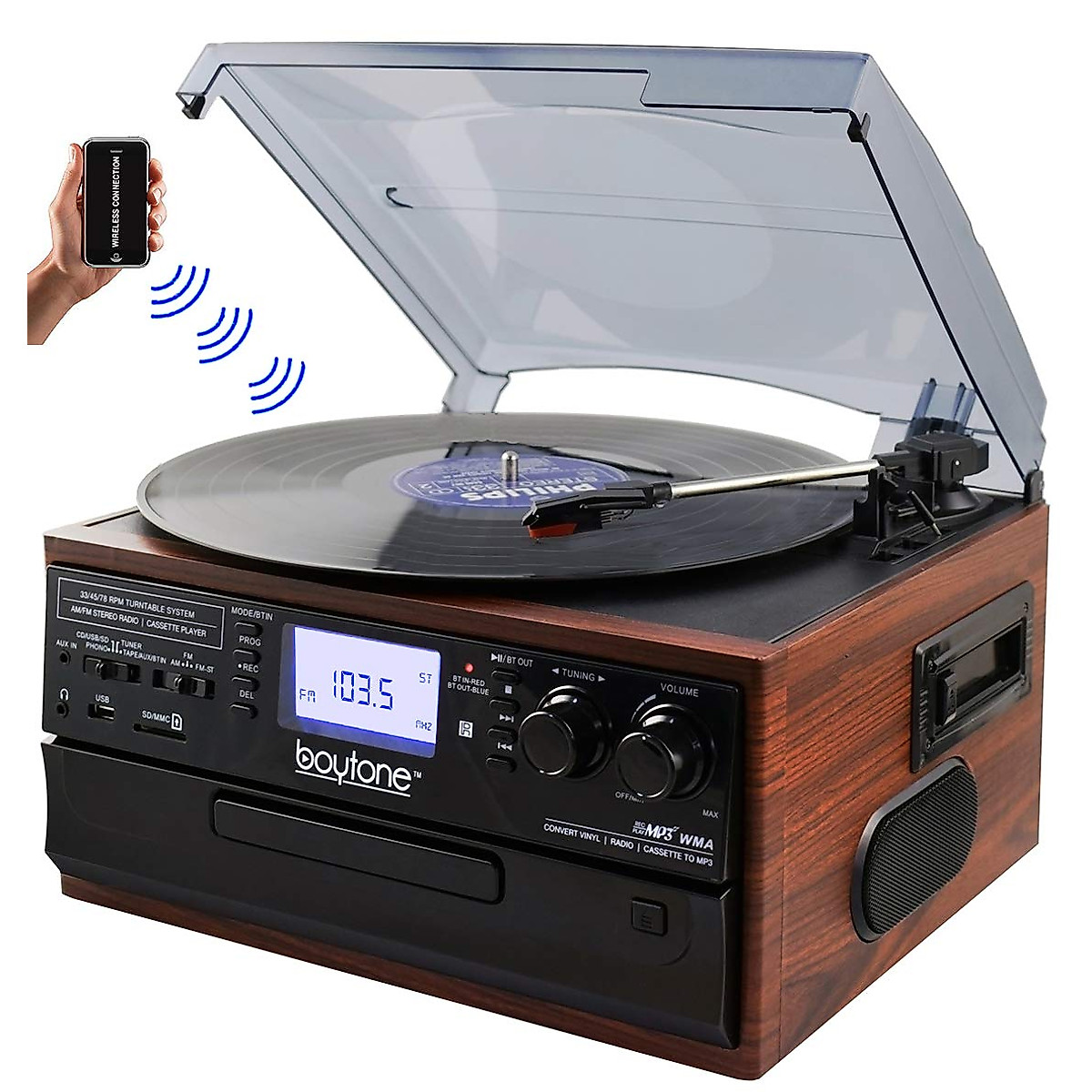 Boytone BT-22M, Bluetooth Record Player Turntable, AM/FM Radio, Cassette, CD Player, 2 Built in Speaker, Ability to Convert Vinyl, Radio, Cassette, CD to MP3 Without a Computer, SD Slot, USB, AUX