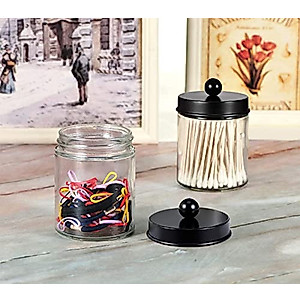 4PC Mason Jar Bathroom Accessories Set —White Retro Mason Jar Lotion Soap Dispenser & 2 Qtip Holder & Toothbrush Holder,Rustic Farmhouse Decor+2 PC Apothecary Jars Bathroom Vanity Organizer,Black