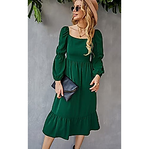 AOVDE Women's Square Neck 3/4 Sleeve Dress Solid Color High Waist Fall Dress Casual Party Flowy Midi Dress Green Small