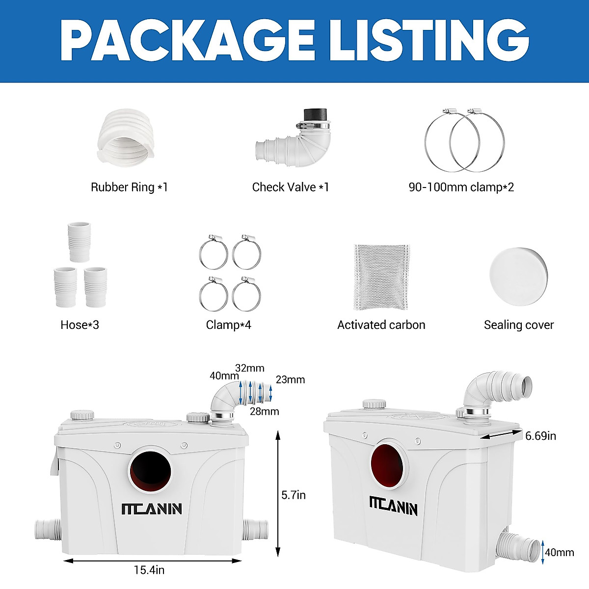 800W Macerator Pump, Macerating Pump for Basement with 4 Water Inlets for Macerator Toilet System