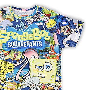 Mens Spongebob Squarepants Classic Shirt - Spongebob, Patrick & Krusty Krab Sublimated Allover T-Shirt (White, X-Large)
