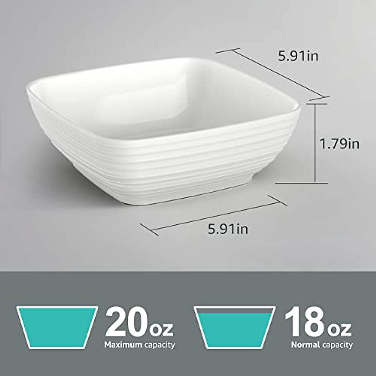 MEKY Cereal Bowls, Porcelain 20 Ounce Square Embossed Salad Bowls Set of 6, Ceramic 5.9 Inch Bowls for Soup, Snack, Dessert and Marmalade, Serving Bowls Set, Dishwasher & Microwave Safe - White